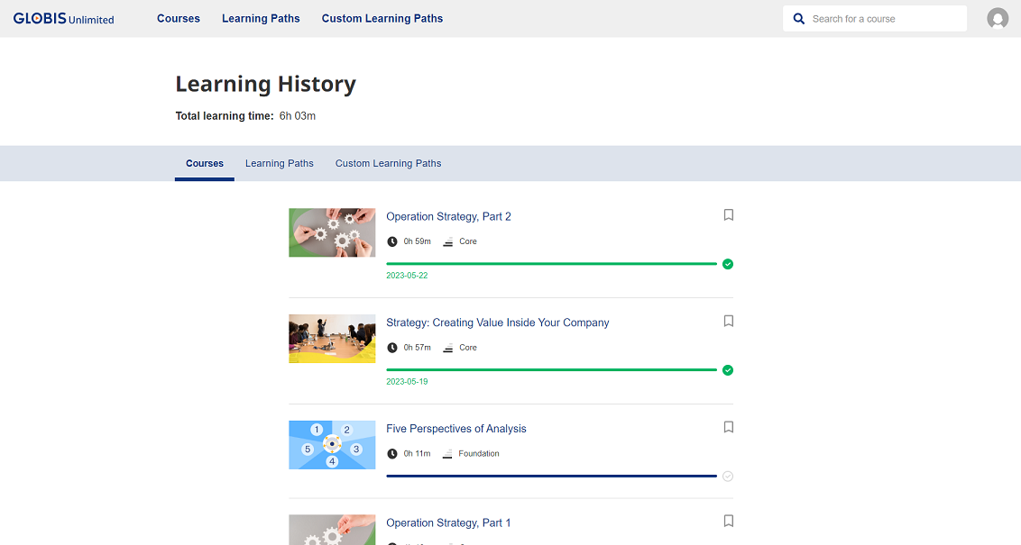 My Page, Learning History and Bookmarks – GLOBIS Help Center for Learners